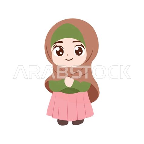 رسوم كرتونية لفتاة عربية خليجية سعودية محجبة مبتسمة ترتدي الزي الاسلامي