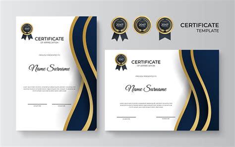 현대 블루 와 골드 인증서 템플릿 수상 비즈니스 및 교육을 위한 배지가 설정된 디플로마 인증서 테두리 템플릿 감탄에 대한 스톡 벡터 아트 및 기타 이미지 Istock