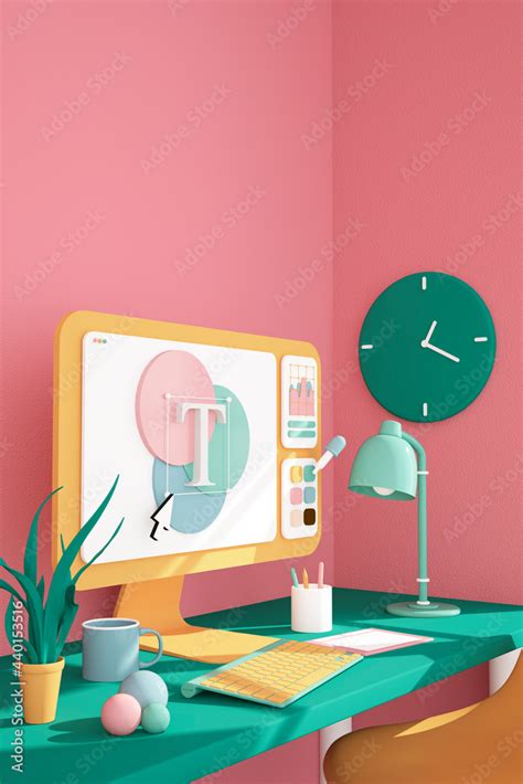 Three Dimensional Render Of Desk With Computer Monitor Displaying Graphic Editing Program Stock