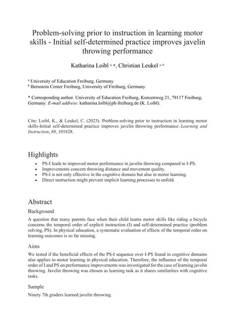 Pdf Problem Solving Prior To Instruction In Learning Motor Skills