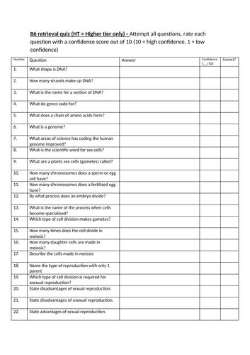 Gcse 9 1 Revision Biology Aqa Unit 6 Retrieval Practice Quiz Teaching Resources