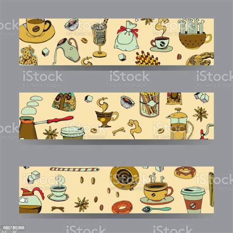 카드와 커피 테마와 배너 벡터 레스토랑 메뉴 배경입니다 손으로 그린 낙서 스타일입니다 가방에 대한 스톡 벡터 아트 및 기타