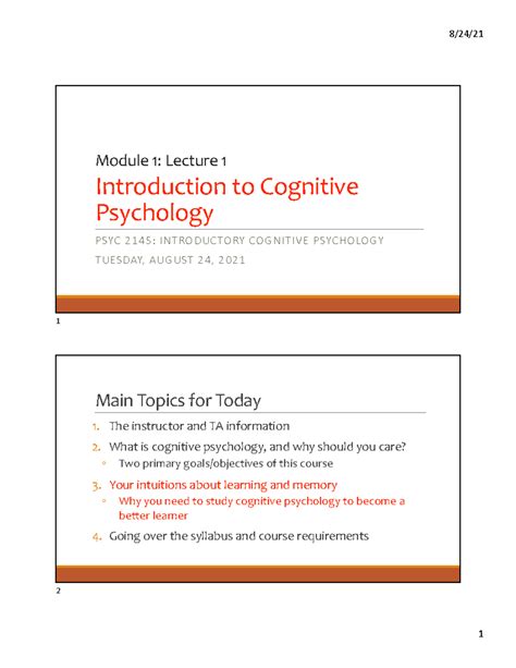 08 24 Final Lecture Slides Module 1 Lecture 1 Introduction To Cognitive Psychology PSYC 2145
