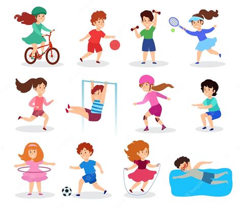 Los Niños Hacen Deporte Ilustración Estilo Plano Personajes Infantiles Aislados En Blanco