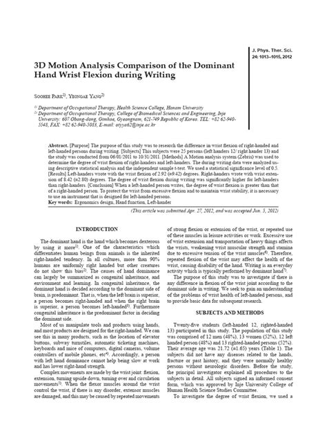 3d Motion Analysis Comparison Of The Dominant Hand Wrist Flexion During