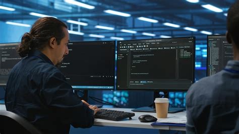 Premium Photo Men Coding Together In High Tech Server Hub Using Computers To Analyze Data