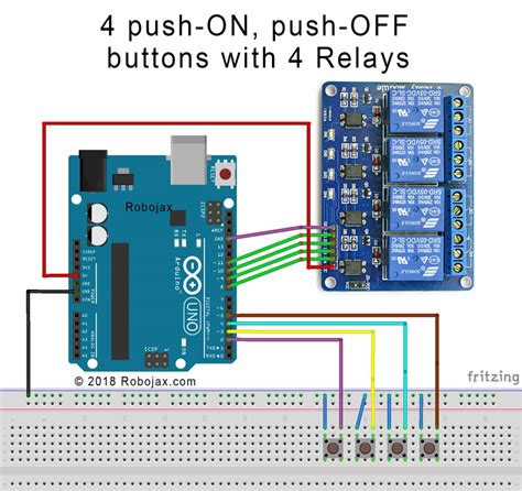 Using 4 Push Buttons Push ON And Push OFF Toggle 4 Relays With Arduino