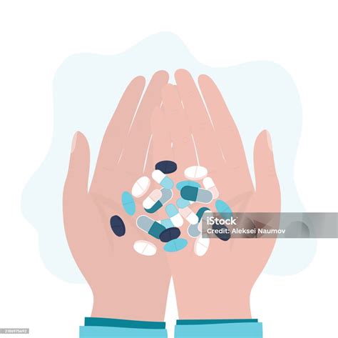 인간의 손에 다채로운 알약 약물 비타민 다른 알약을 들고 있는 손 건강 관리 치료 및 의학 개념 여러 가지 빛깔의 캡슐 열린 손바닥의 정제 건강 진단에 대한 스톡 벡터 아트