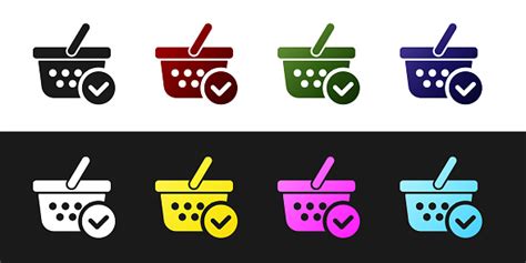 검은 색과 흰색 배경에 고립 된 확인 표시 아이콘으로 쇼핑 바구니를 설정 합니다 슈퍼마켓 바구니 승인 확인 완료 진드기 완성 된 기호 벡터 일러스트 개념에 대한 스톡 벡터