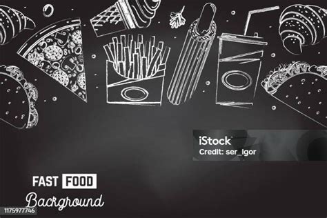 미국 패스트 푸드와 원활한 패턴 패스트 푸드 배경 벡터 칠판에 아이스크림 소다 크루아상 핫도그 멕시코 타코 피자 그림 그리기 메뉴판에 대한 스톡 벡터 아트 및 기타 이미지