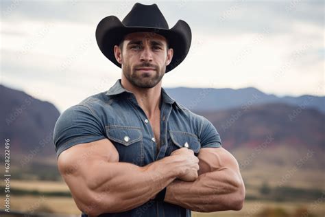 Young Beefy Muscled Cowboy In Cowboy Hat Looking At The Camera