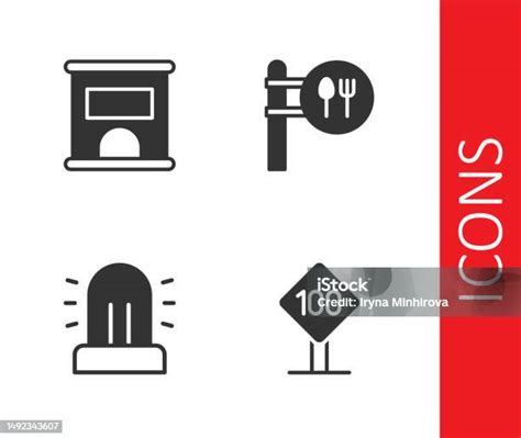 속도 제한 교통 표지판 100km 티켓 구매 매표소 점멸 사이렌 카페 및 레스토랑 위치 아이콘을 설정합니다 벡터 거리에 대한 스톡 벡터 아트 및 기타 이미지 Istock