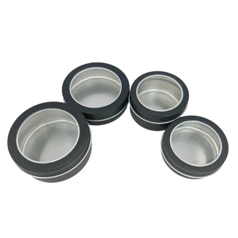 Matt Black Aluminium Tins With See Through Lids Small Round Container Various Sizes 100 Pcs