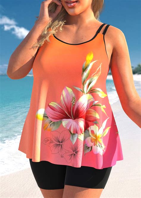 Rotita Plus Size Floral Print Multi Color Tankini Top