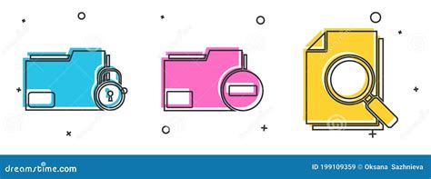 Set Folder And Lock Document Folder With Minus And Document With Search Icon Vector Stock