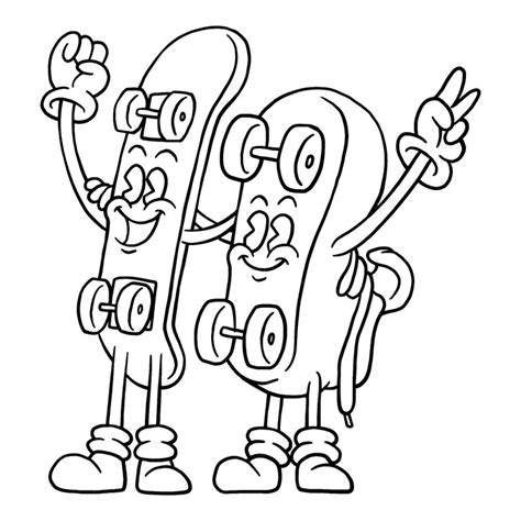 만화 스케이트보드와 롤러 스케이트 마스코트의 색칠 그림 프리미엄 벡터