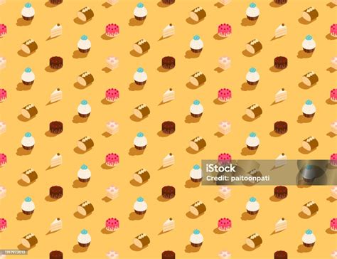 디저트 케이크 컵 케이크와 잼 롤 3d 아이소메트릭 원활한 패턴 베이커리 개념 포스터 및 소셜 배너 포스트 디자인 일러스트레이션