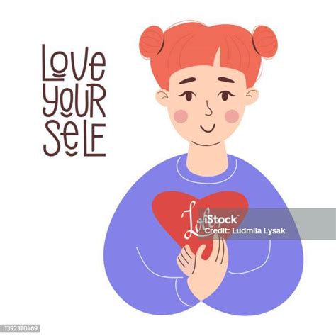 너 자신을 사랑해 그녀의 손에 붉은 마음을 가진 빨간 머리 소녀 벡터 일러스트레이션 개념 자신을 사랑하고 자신을 돌봄으로써 자신을 위해 시간을 내십시오 디자인을위한 평면