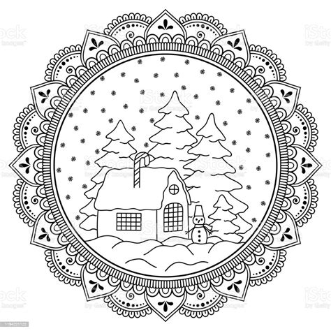 축제 장식의 요소만다라의 형태로 크리스마스 장식 겨울 풍경 눈 집 나무와 눈사람 새해 장식에 적합합니다 색칠 하기 책 페이지입니다 겨울에 대한 스톡 벡터 아트 및 기타