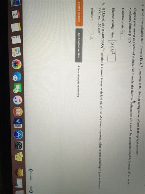 Solved What Is The Oxidation State Of Iron In Feo 4 2 And