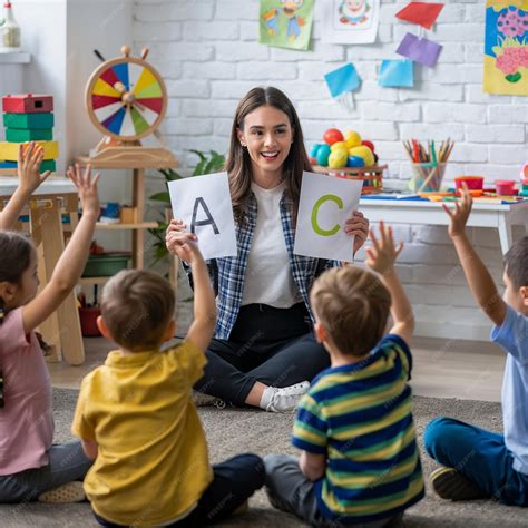 Female Teacher Leading Kindergarten Classroom Activities Engaging
