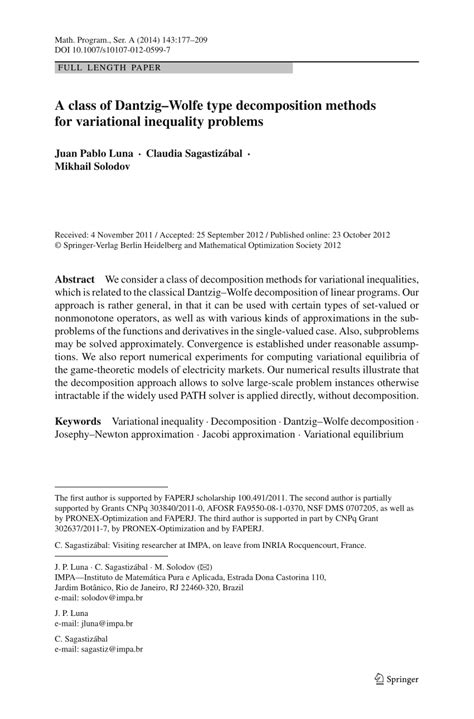 Pdf A Class Of Dantzig Wolfe Type Decomposition Methods For Variational Inequality Problems