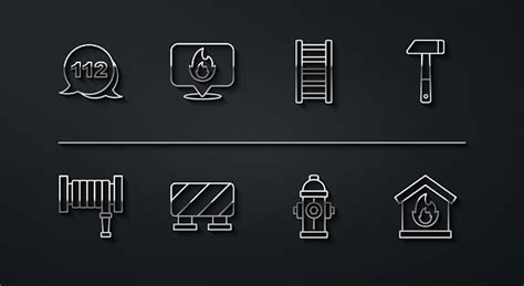 세트 라인 비상 전화 소방 호스 릴 망치 소화전 도로 장벽 화재 화염이 있는 위치 불타는 집 및 탈출 아이콘 벡터 건설 산업에 대한 스톡 벡터 아트 및 기타 이미지 Istock