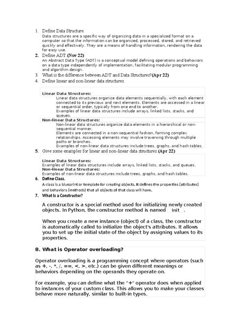 Unit 1 Q And A 2 Marks Q And A 1 Define Data Structure Data Structures Are A Specific Way Of