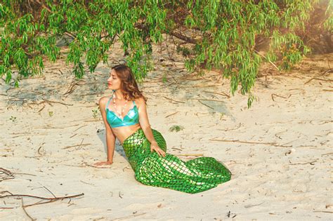 젊은 아름다운 인어 여자는 바다 비용에있습니다 코스프레 인어 가냘픈에 대한 스톡 사진 및 기타 이미지 가냘픈 갈색 머리 고여 있는 물 Istock