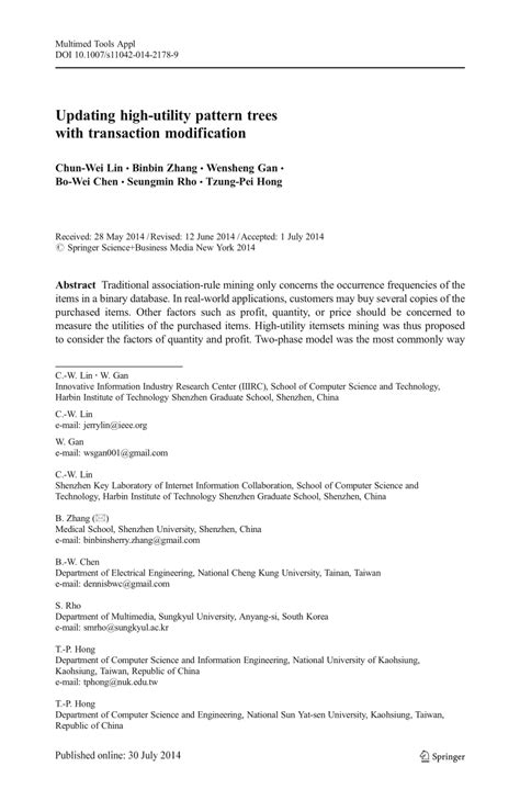 Pdf Updating High Utility Pattern Trees With Transaction Modification Published In