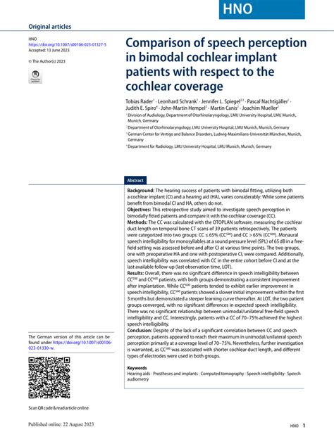 Pdf Comparison Of Speech Perception In Bimodal Cochlear Implant Patients With Respect To The