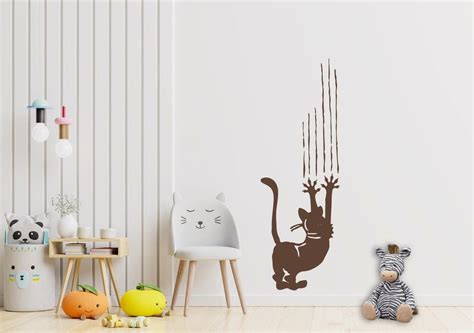 Funny Cat Wall Art Decal Kitty Plays And Scratched Wallpaper Cat Lovers