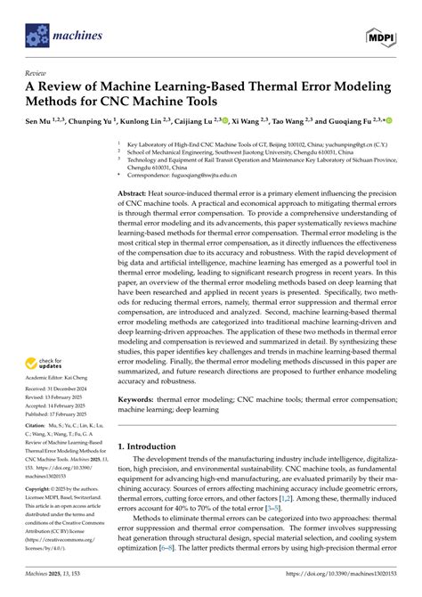 Pdf A Review Of Machine Learning Based Thermal Error Modeling Methods For Cnc Machine Tools