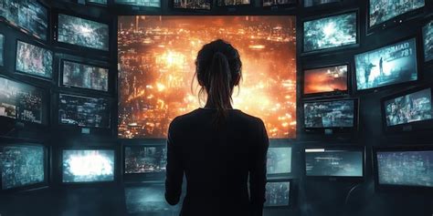 Individual Observes A Vivid Urban Landscape From A Dark Room Filled With Multiple Glowing