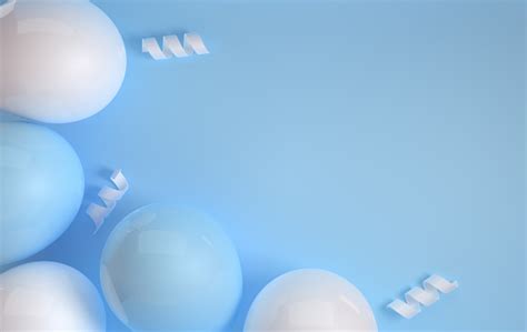 3d 렌더링 그림 현실적인 광택 파란색과 흰색 풍선 리본 파스텔 파란색 배경에 색종이 생일 파티 프로 모션 소셜 미디어 배너 포스터를 위한 빈 공간 색종이 조각에 대한 스톡