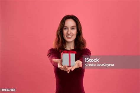 두 손이 어두운 분홍색 배경에 고립되어 서서 카메라에 미소와 리본현재 상자를 들고 흥분 예쁜 갈색 머리 소녀 특별 행사를 축하합니다 갈색 머리에 대한 스톡 사진 및 기타