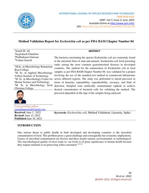 Pdf Method Validation Report For Escherichia Coli As Per Fda Bam Chapter Number 04