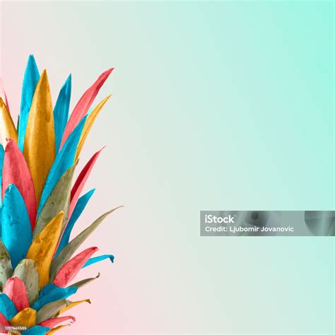 창조적 인 여름 다채로운 파인애플 과일 해변 파티를위한 맛있는 상쾌한 스낵 파스텔 핑크와 블루 배경 개념에 대한 스톡 사진 및 기타 이미지 Istock