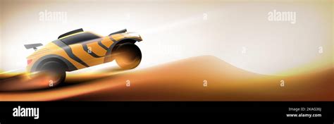 Yellow Rally Sports Car Bashing And Jumping In Desert On Panoramic