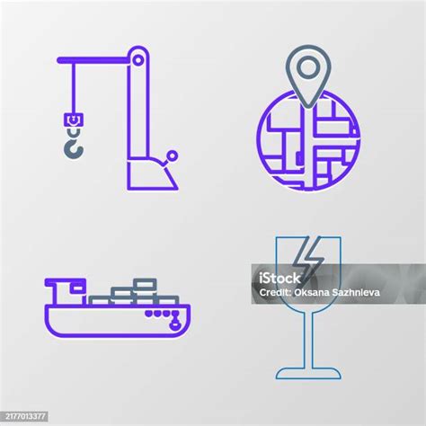 깨지기 쉬운 깨진 유리 기호 상자 배달 서비스가있는화물선 및 항구 항구 크레인 아이콘을 설정합니다 벡터 경계 표지에 대한 스톡 벡터 아트 및 기타 이미지 Istock