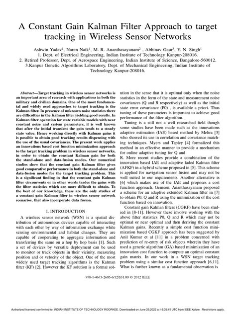 A Constant Gain Kalman Filter Approach To Target Tracking In Wireless Sensor Networks Pdf