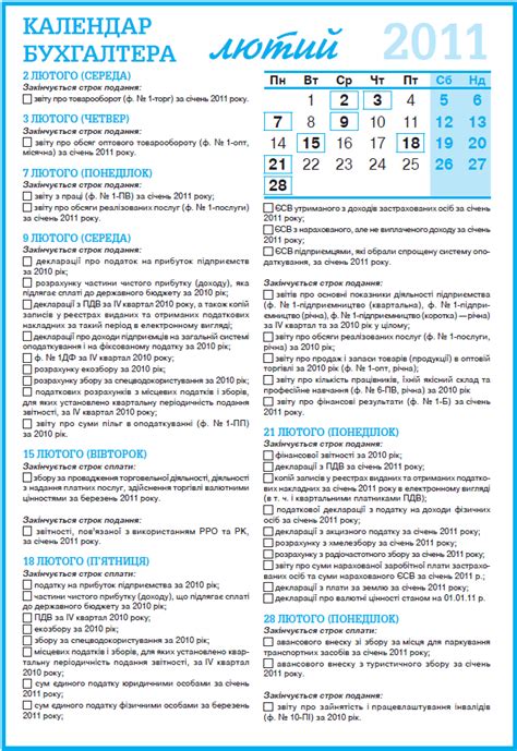 Шпаргалка бухгалтера Календар бухгалтера на лютий 2011 року Бухгалтерський тиждень № 5