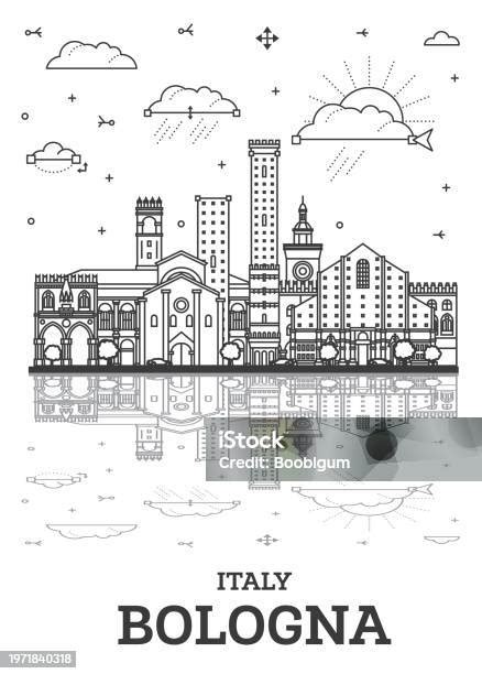 볼로냐 이탈리아 도시 스카이라인 역사적인 건물 반사 흰색에 고립된 윤곽선 랜드마크가 있는 볼로냐 도시 풍경 볼로냐 에밀리아 로마냐에 대한 스톡 벡터 아트 및 기타 이미지
