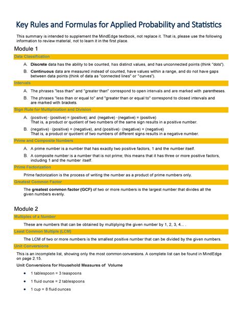 C New Key Rules Formulas Key Rules And Formulas For Applied Probability And Sta S Cs This