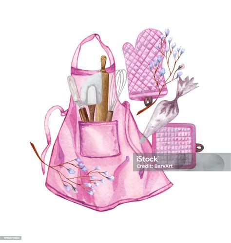 흰색 배경에 분홍색 앞치마 안에 부엌 기구와 함께 수채화 그림을 굽는 맨 위 보기입니다 손으로 그린 요리 클립 아트 베이킹 컨셉 개체 그룹에 대한 스톡 벡터 아트 및 기타