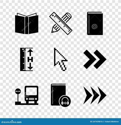 Set Open Book Crossed Ruler And Pencil Book Bus Stop Audio Arrow