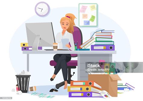 직장에서 젊은 여성 직원에 의해 압도 된 지친 사무실에서 늦게 직장에서 유지 많은 서류 추가 작업 벡터 일러스트와 워크 로드 여자에 의해 피곤 좌절에 대한 스톡 벡터 아트