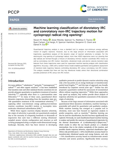 Pdf Machine Learning Classification Of Disrotatory Irc And