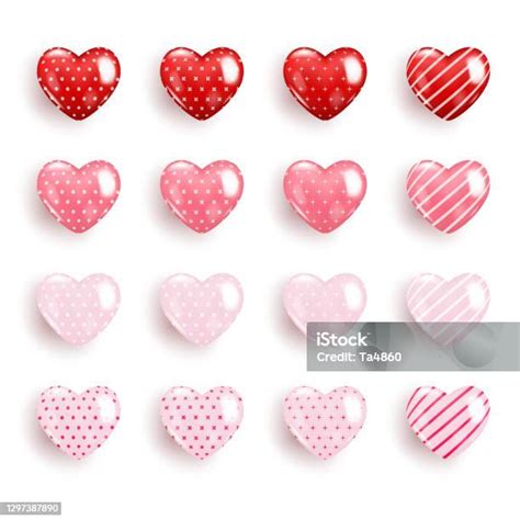 다른 색상의 현실적인 발렌타인 하트 아이콘 컬렉션 사랑의 상징 3d 스타일의 현대적인 디자인은 흰색 빈 배경에 고립 되어
