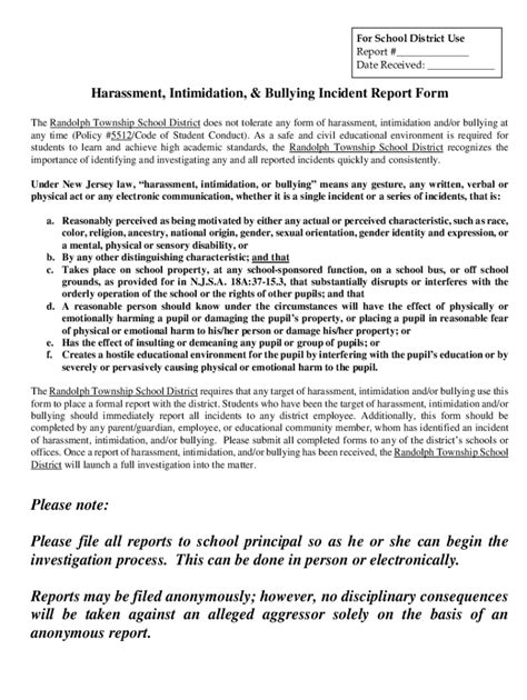 Fillable Online Harassment Intimidation Bullying Incident Report Form